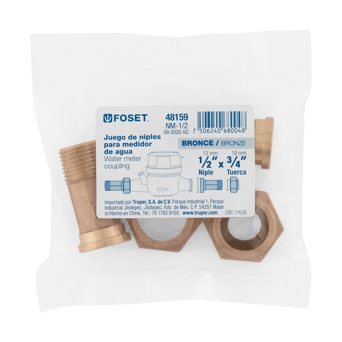 JUEGO 2 NIPLES CON TUERCAS 1/2'' X 3/4'' PARA MEDIDOR DE AGUA 48159 P ...